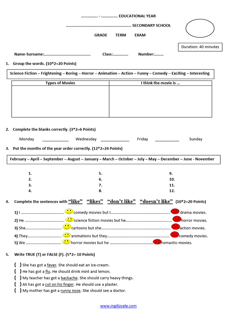 5 Sinif Ingilizce 2 Donem 2 Sinav Ornek 1 | PDF