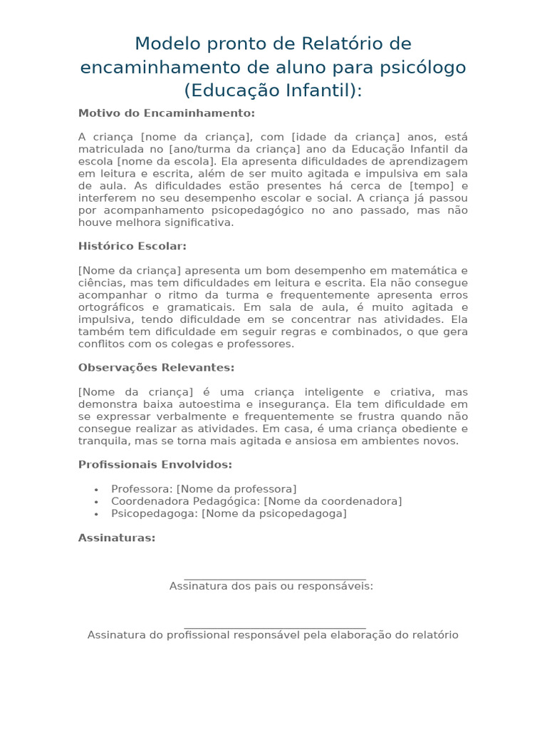 Modelo Pronto de Relatorio de Encaminhamento de Aluno para Psicologo Educacao Infantil | PDF