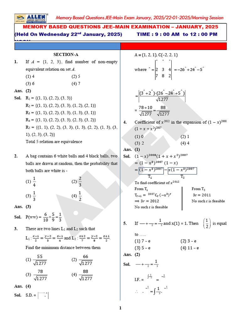 JEE Main 2025 Mathematics Solutions | PDF | Mathematics | Mathematical ...