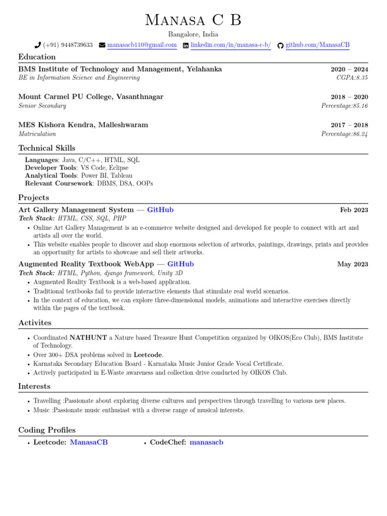MANASA C B 1BY20IS077 RESUME (2) - Manasa C B | PDF | Information Technology | Software Development