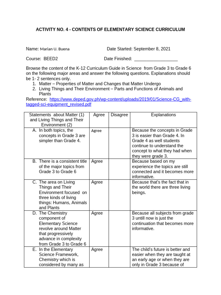 Activity No. 4 - Contents of Elementary Science Curriculum | PDF ...