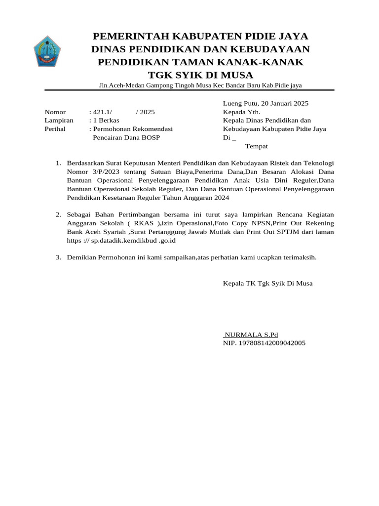 permohonan bop 2025 Tk TGK SYIK DI MUSA | PDF