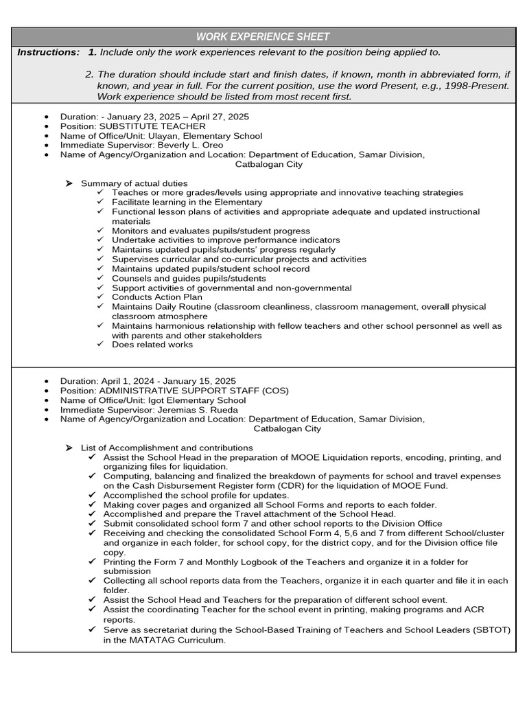 CS_Form_No_212_Work_Experience_Sheet | PDF | Teachers | Learning