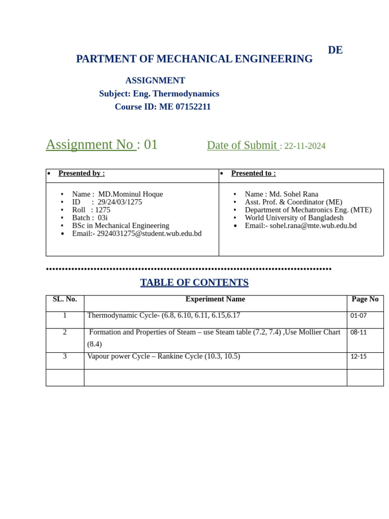Thermodynamics Assignment Overview | PDF