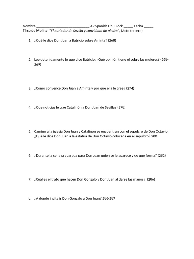 Análisis Acto 3: El burlador de Sevilla | PDF