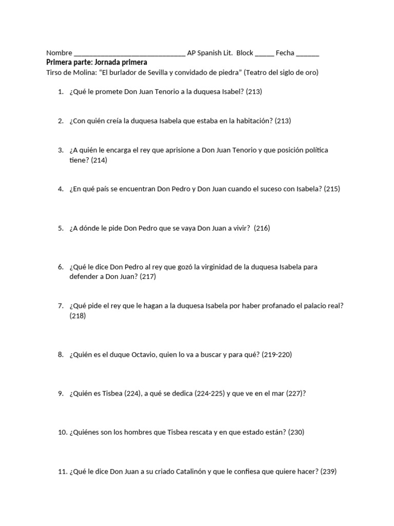 El Burlador de Sevilla (Cuestionario 1) | PDF