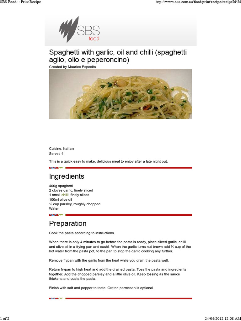 Spaghetti With Garlic, Oil and Chilli | PDF