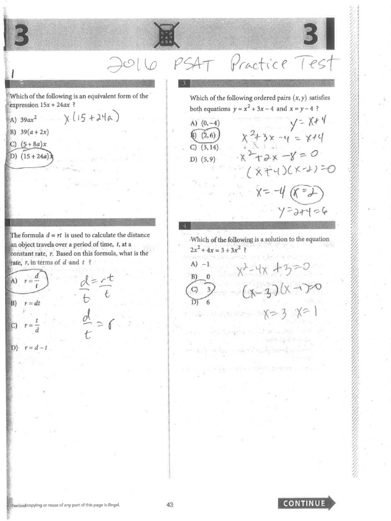 PSAT Practice Test Answer 2016 | PDF