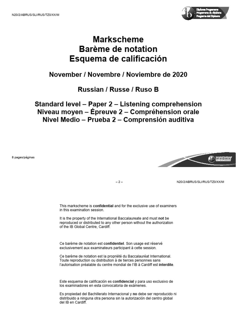 Russian B Paper 2 Listening Comprehension SL Markscheme | PDF