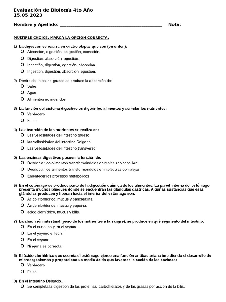 Eval Bio Tema2 | PDF | Digestión | Sistema digestivo humano