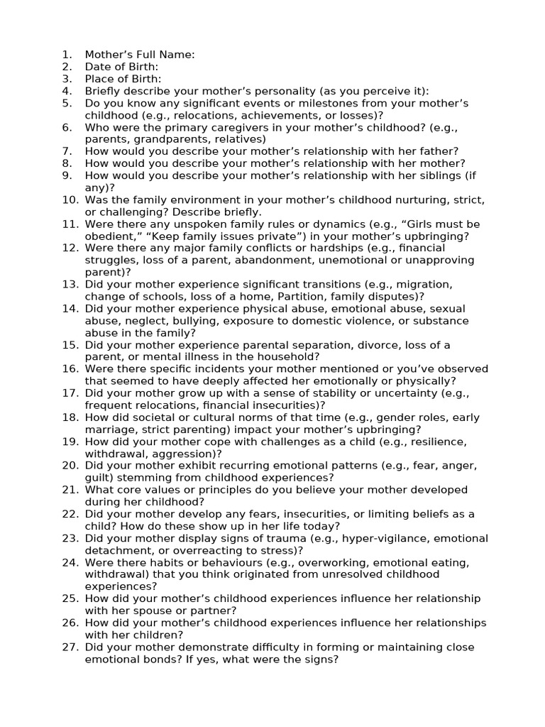 Mother's Healing Questionnaire | PDF | Child Abuse | Psychological Trauma