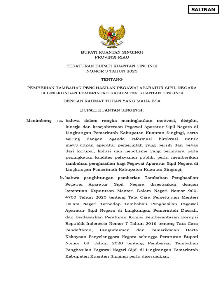 PERBUP Nomor 3 Tahun 2023 TTG Pemberian Tambahan Penghasilan Pegawai | PDF