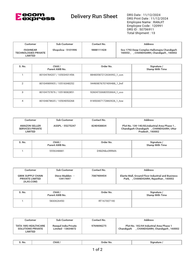 Qwik Supply Chain Delivery Run Sheet | PDF