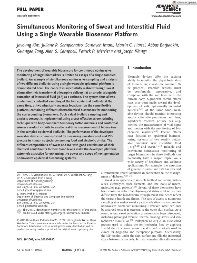 Advanced Science - 2018 - Kim - Simultaneous Monitoring of Sweat and ...
