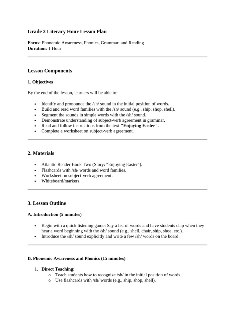 Grade 2 Literacy Hour Lesson Plan | PDF | Phonics | Reading Comprehension