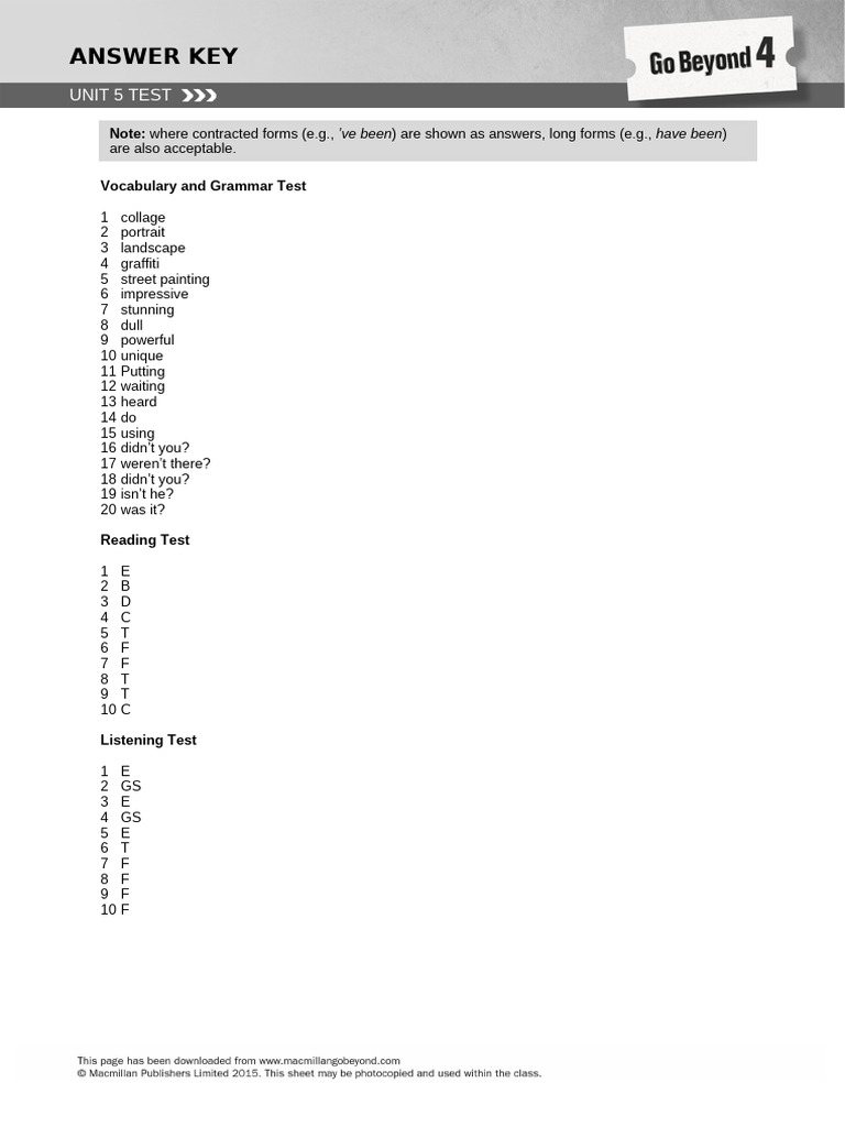 Gobeyond L4 Unit5Test AnswerKey | PDF