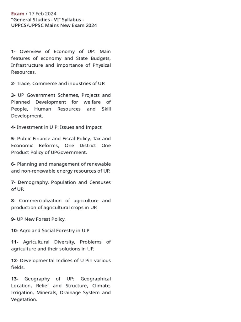 General Studies - VI - Syllabus - UPPCS - UPPSC Mains New Exam 2024 - Dhyeya IAS® - Best UPSC ...