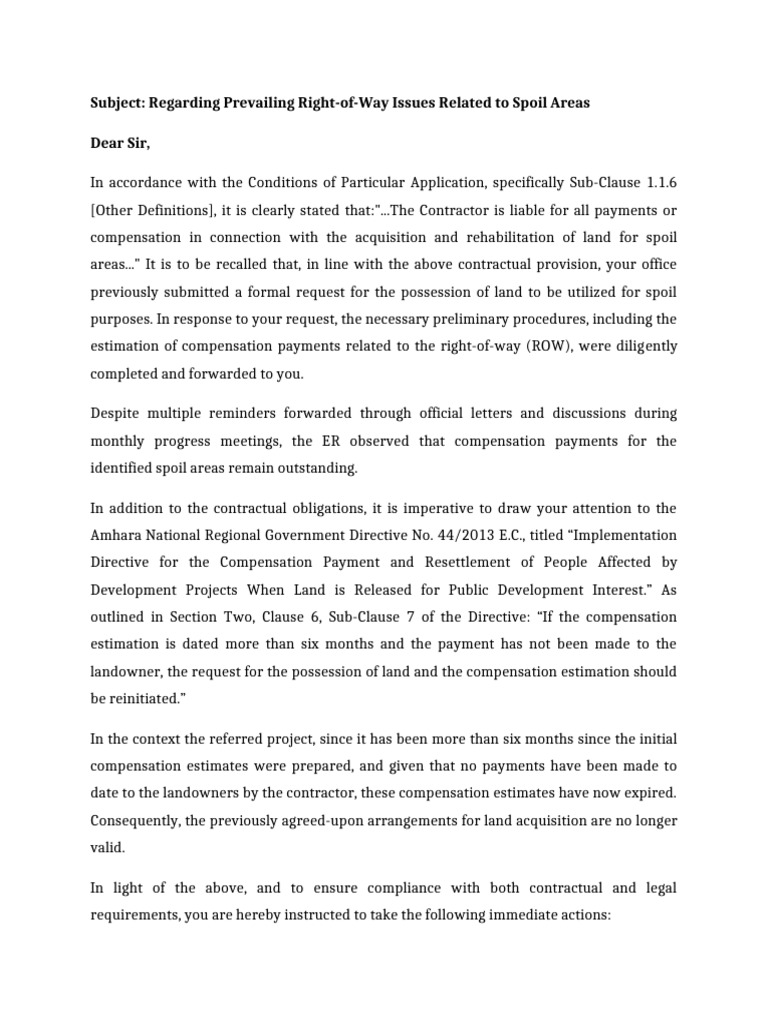 Regarding Prevailing Right of Way Issues Related To Spoil Areas | PDF ...