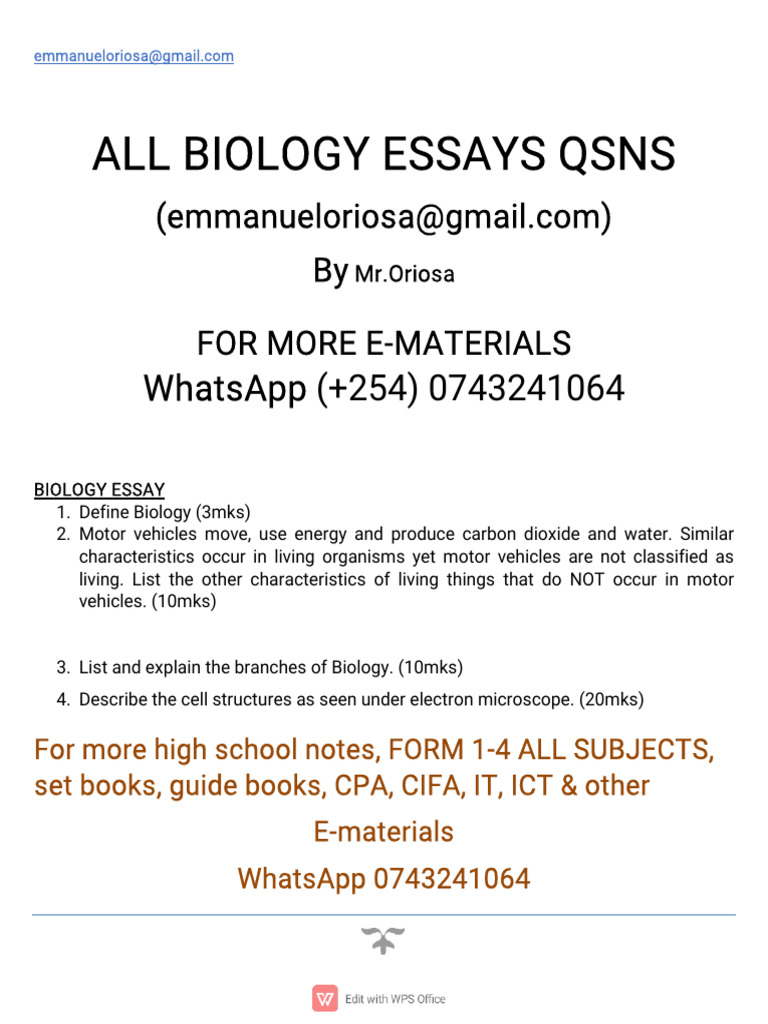Comprehensive Biology Essay Questions | PDF