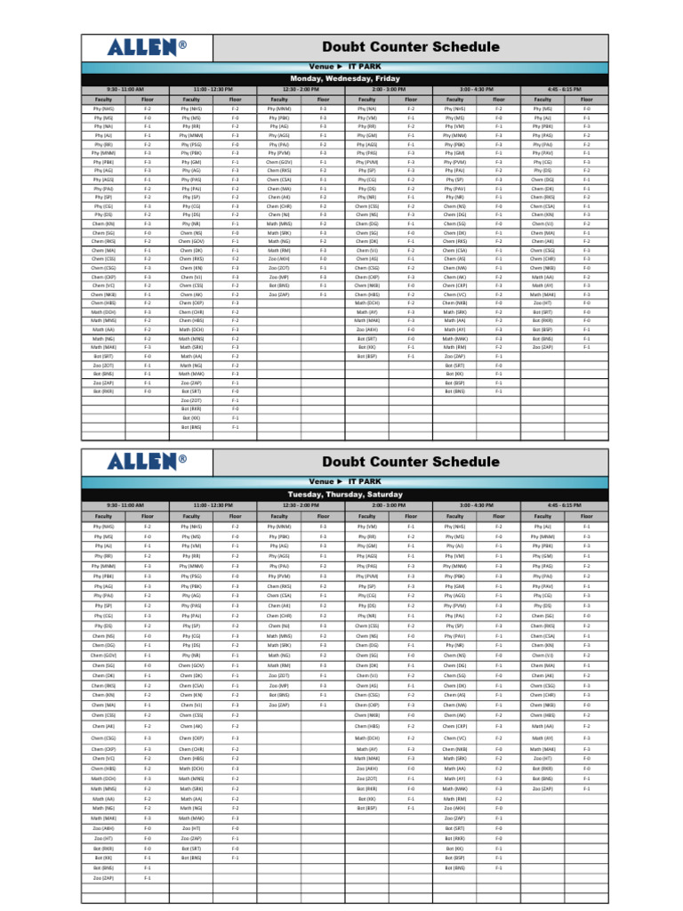 Allen: Doubt Counter Schedule | PDF