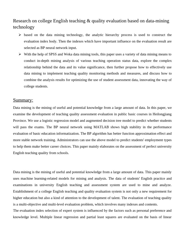 Research on college English teaching & quality evaluation based on data-mining technology | PDF ...