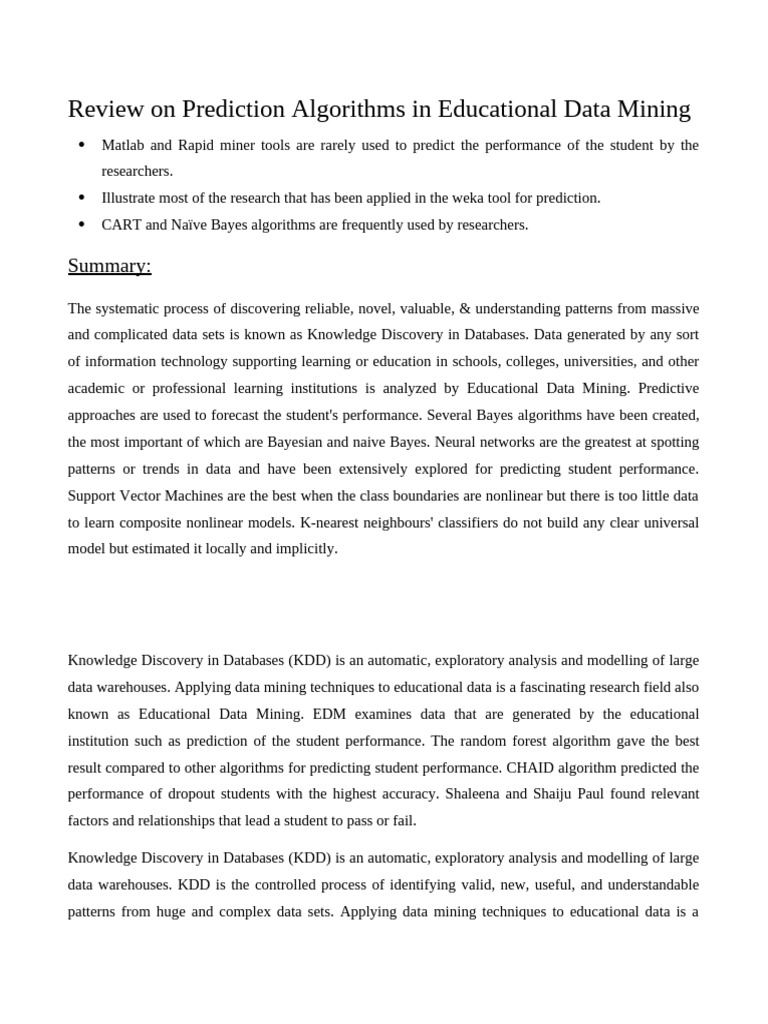 Student Performance Prediction Algorithms | PDF | Data Mining | Statistical Classification