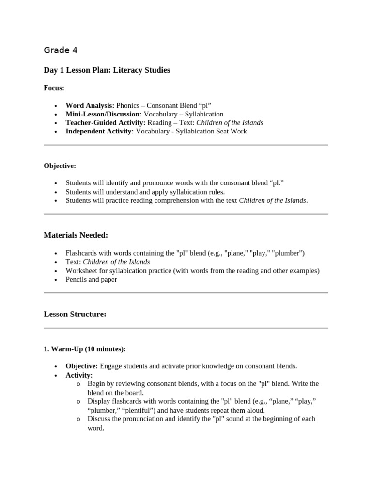Grade 4 Literacy Lesson Plan: Phonics & Syllabication | PDF | Reading ...