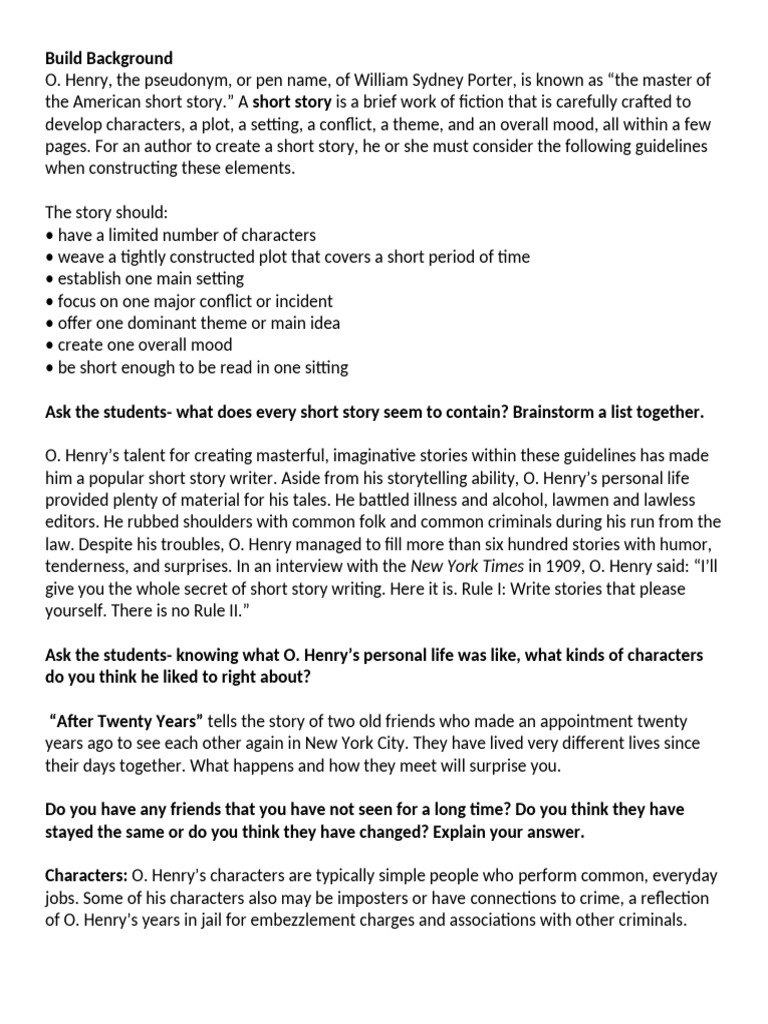 O. Henry's "After Twenty Years" Analysis | PDF | O. Henry