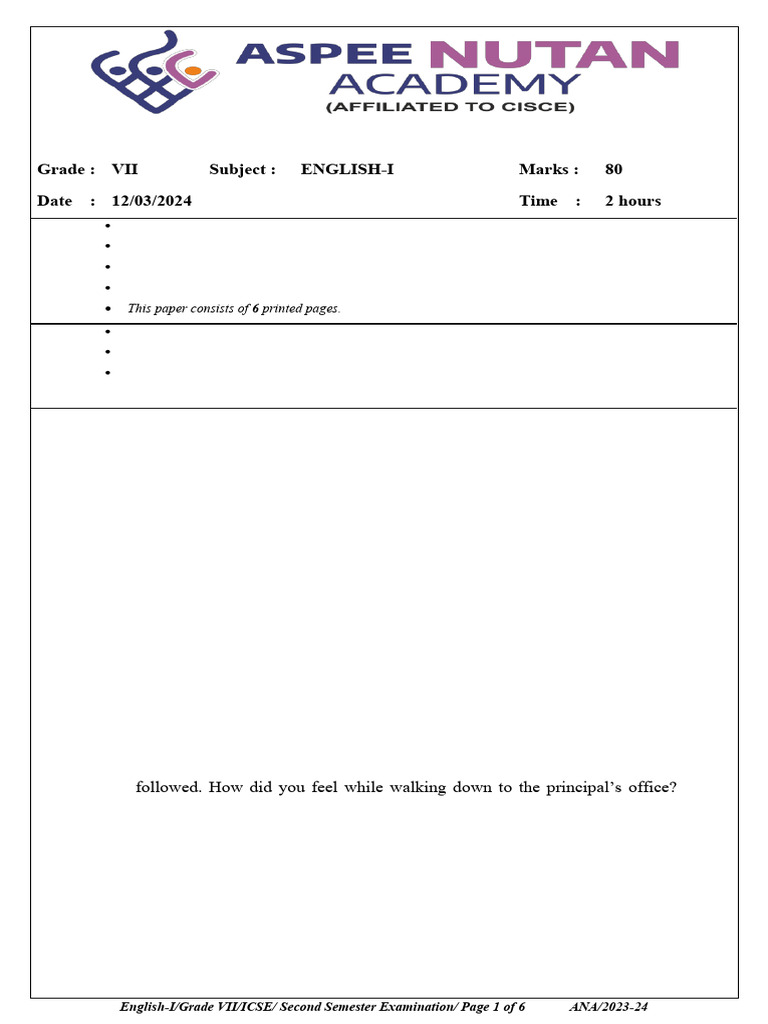 Gvii Eng Lang Sem 2 QP 2023-24 1 | PDF