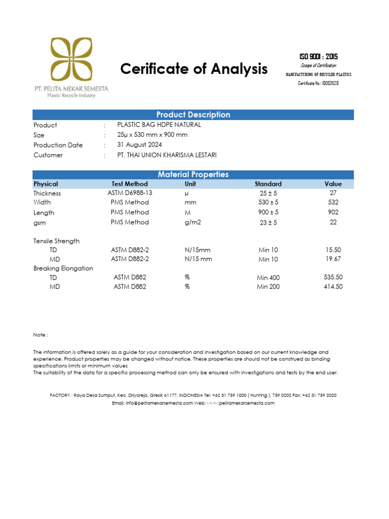 Coa Inner Hdpe PT Setia Karunia 181024 | PDF | Building Engineering | Materials