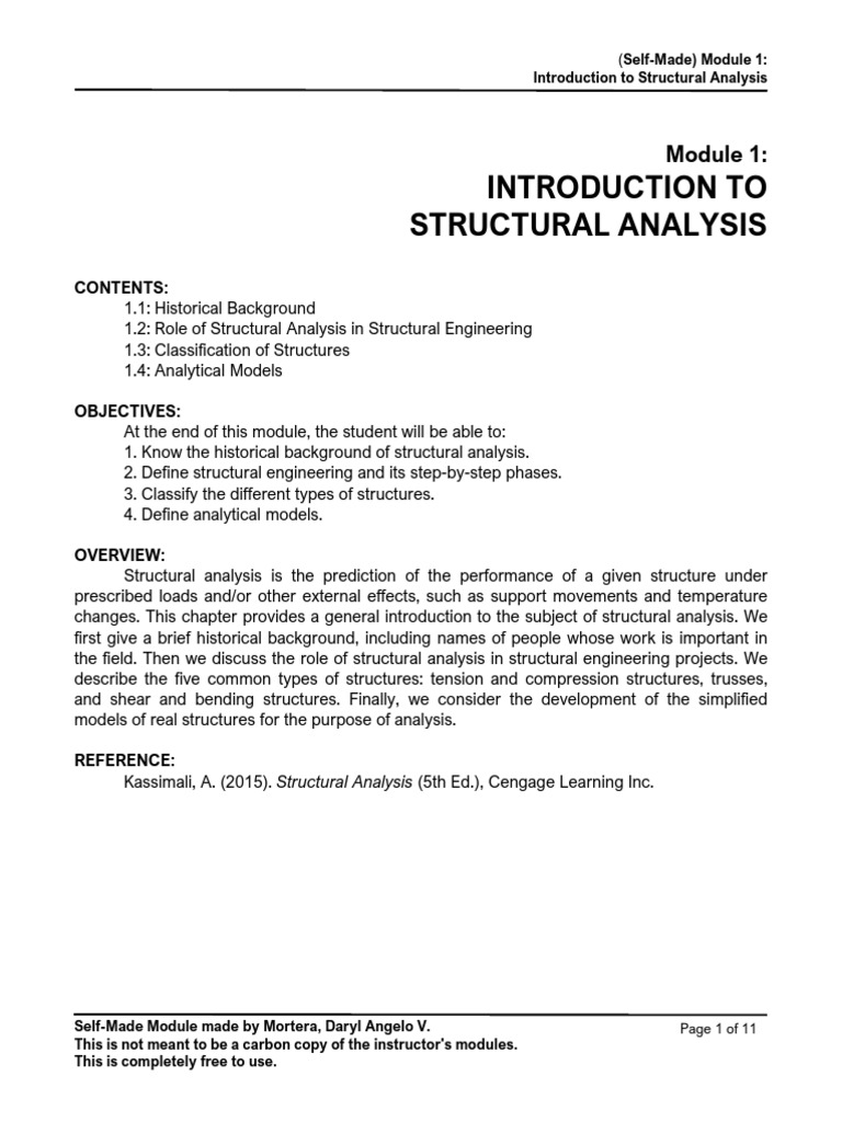 Module 1 (Self-Made) - Introduction to Structural Analysis (CE 311) | PDF | Bending | Truss