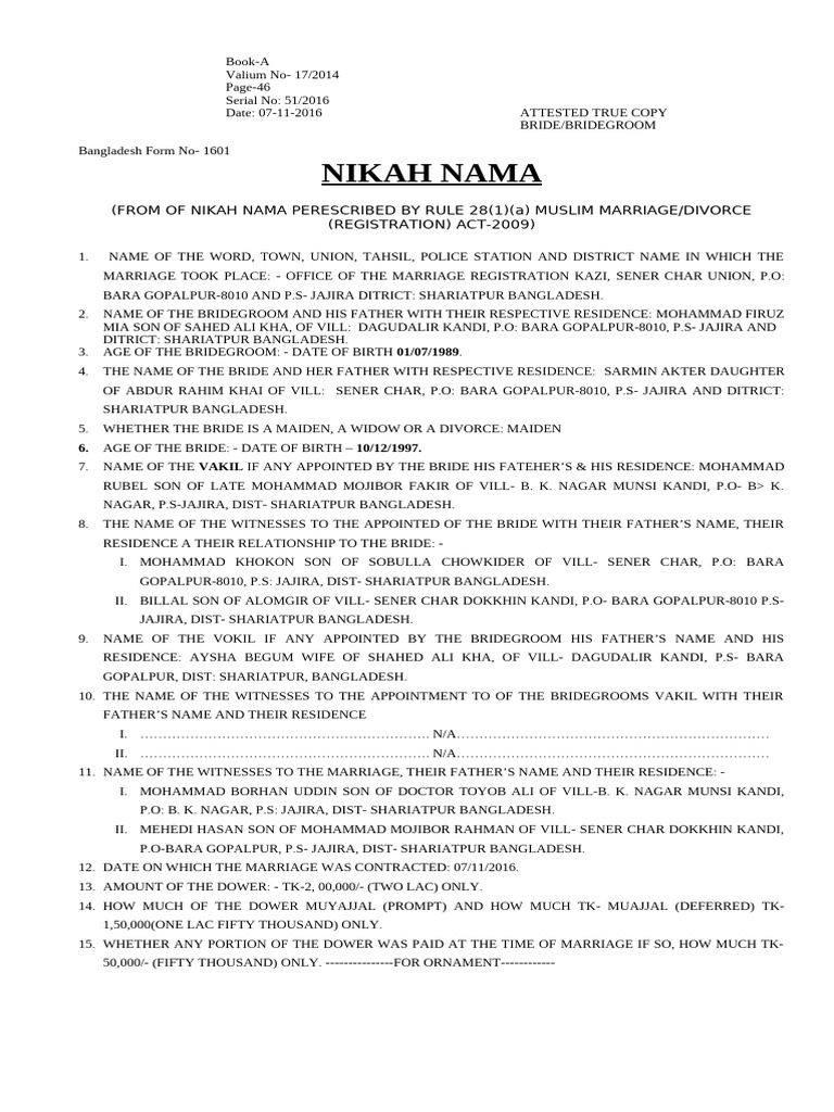 Nikah nama (English) | PDF | Marriage | Marriage, Unions And Partnerships