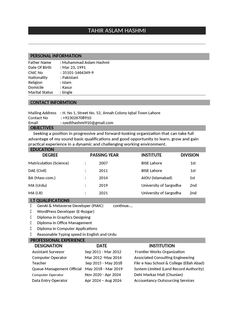 Tahir Hashmi (Data Entry Operator) CV | PDF