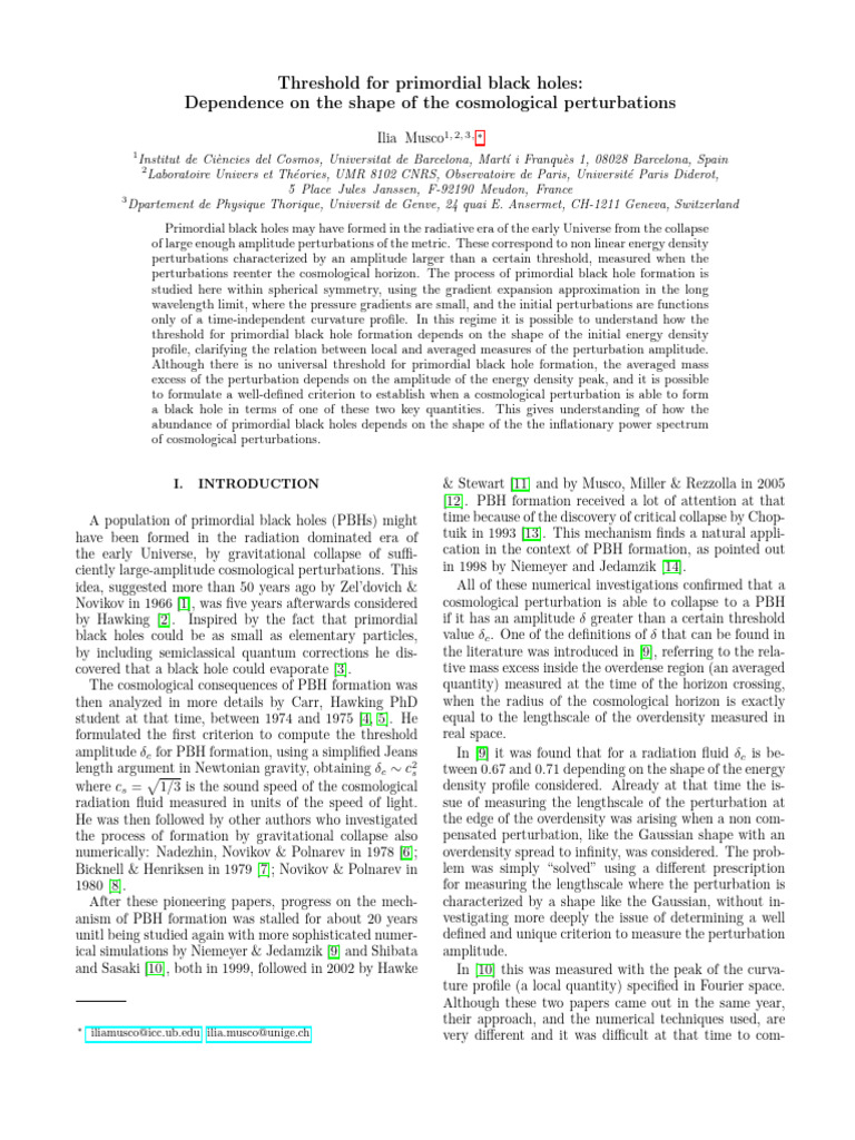 1809.02127 - Threshold For Primordial Black Holes | PDF | Black Hole | Inflation (Cosmology)