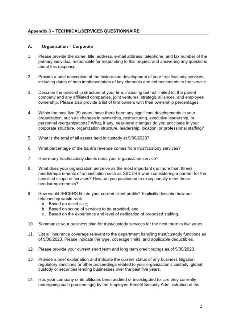06_SBCERS-Custody-RFP-Appendix-3-Technical-Questionnaire-Final | PDF | Employee Retention ...