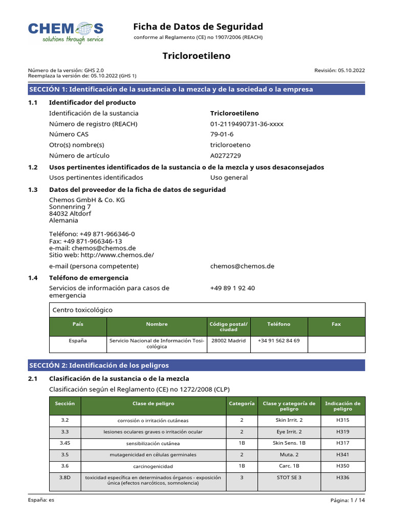 Hoja MSDS Tricloroetileno (1) | PDF | Química