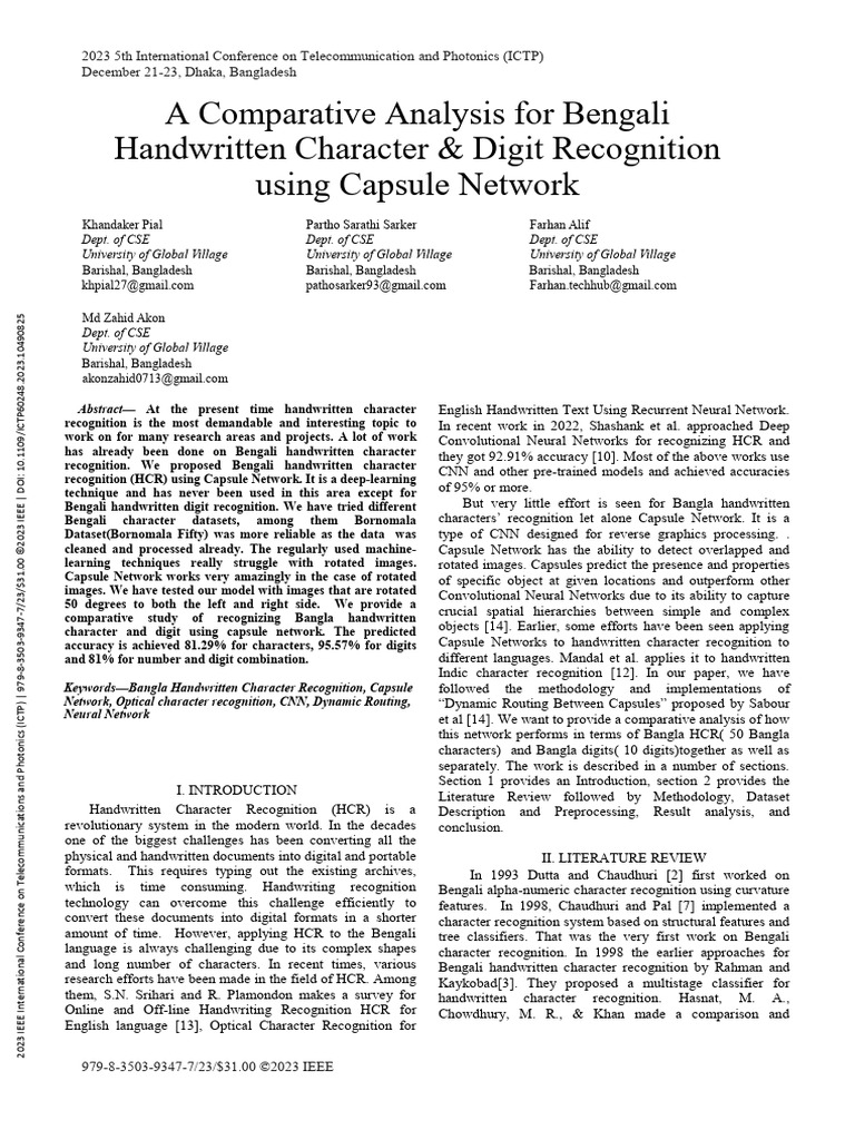 A Comparative Analysis For Bengali Handwritten Character Amp Digit Recognition Using Capsule