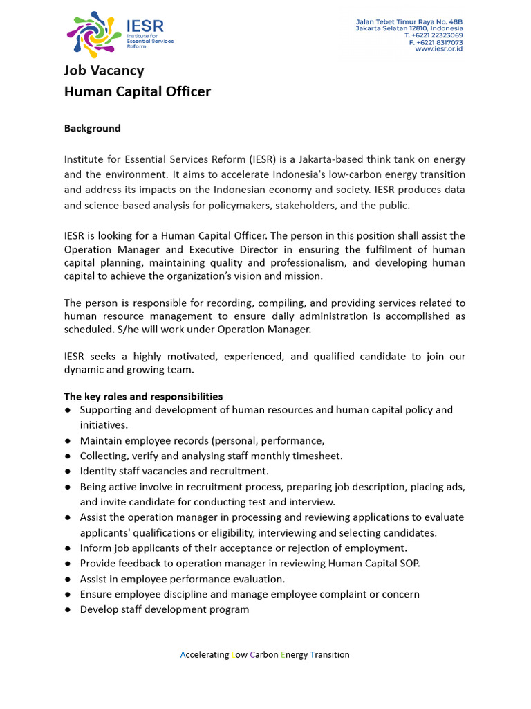 IESR - Job Vacancy - Human Capital Officer | PDF | Employment | Recruitment