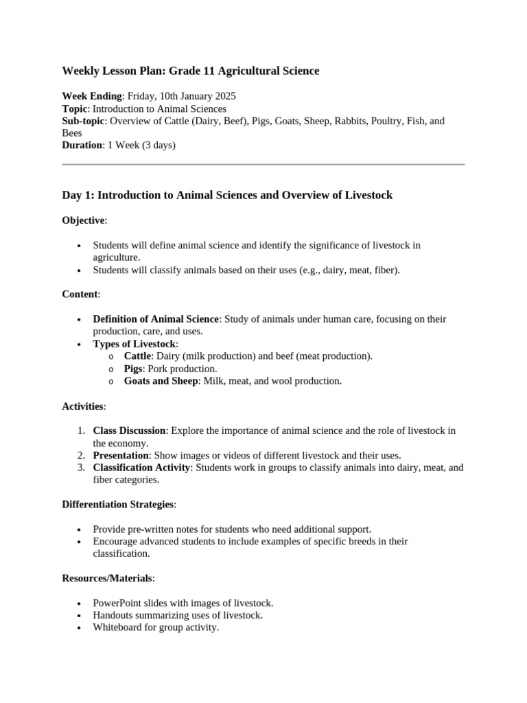 Grade 11 Agriculture Science Weekly Lesson Plan, Week Ending 10th ...