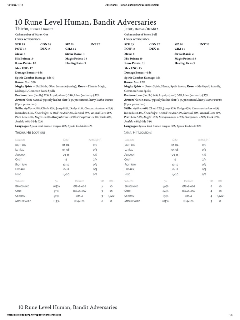 Adversaries - Human, Bandit (RuneQuest Glorantha) rune | PDF