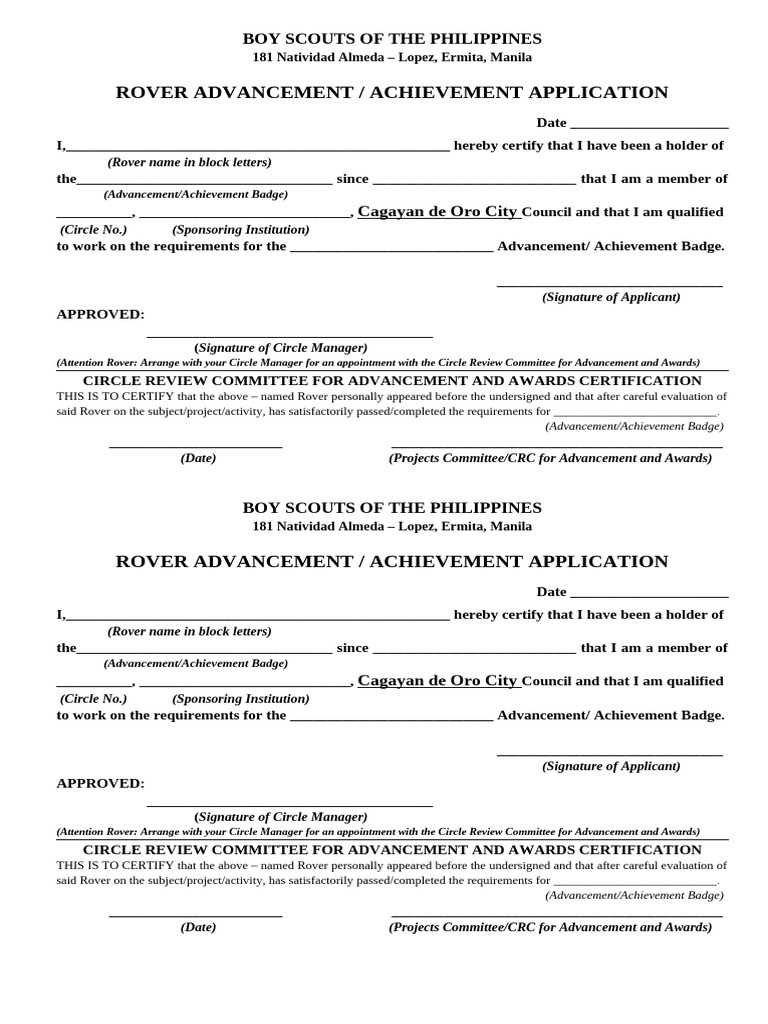 Rover Advancement Application | PDF | Scouting | Youth Movements