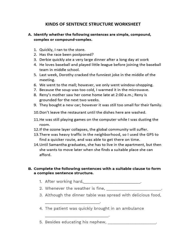 Kinds of Sentence Structure Worksheet | PDF | Language Mechanics ...