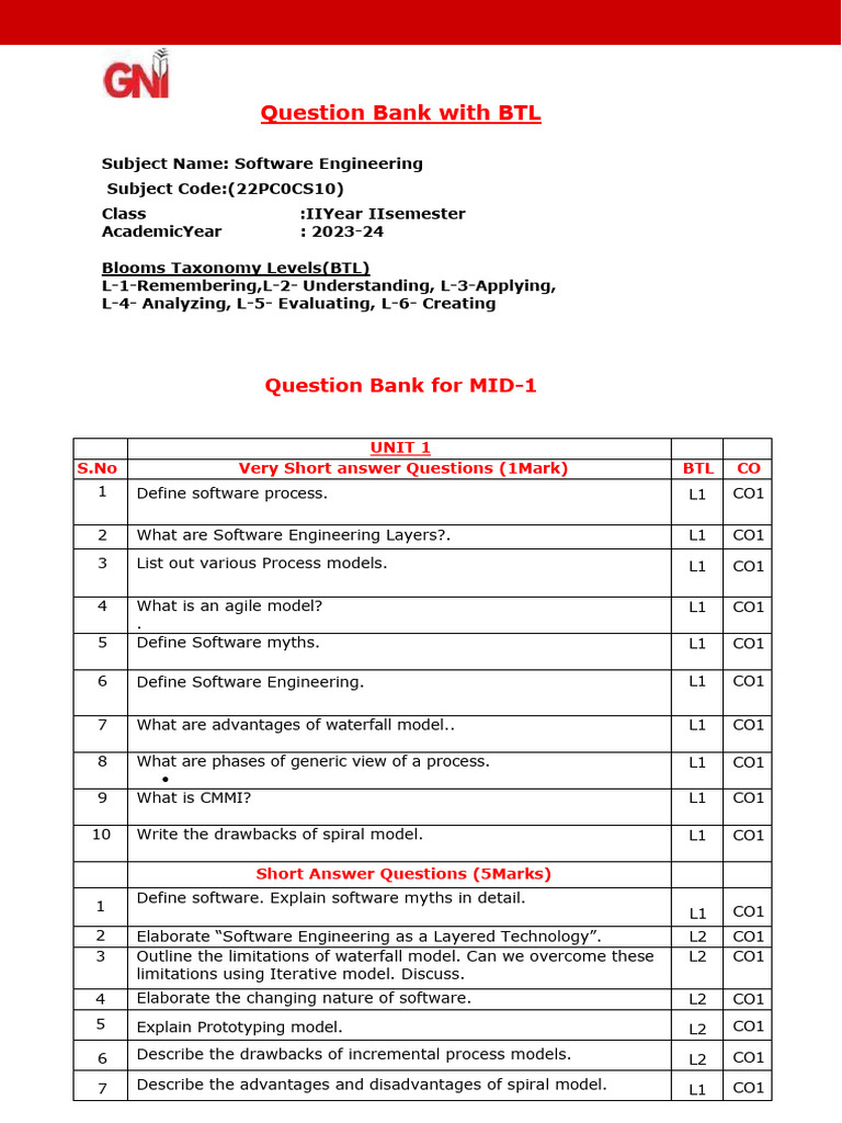 Software Engineering - Question Bank - Jntu 2025 | PDF | Software ...