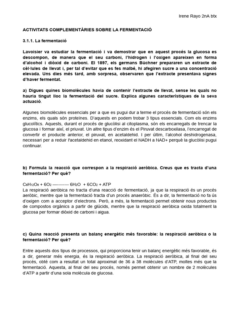 Acitivitats Complementaries Sobre La Fermentació | PDF