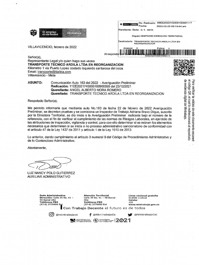 Comunicacion - DT Meta - Auto 163 Del 2022 Averiguacion Preliminar - Transporte Tecnico Ardila ...