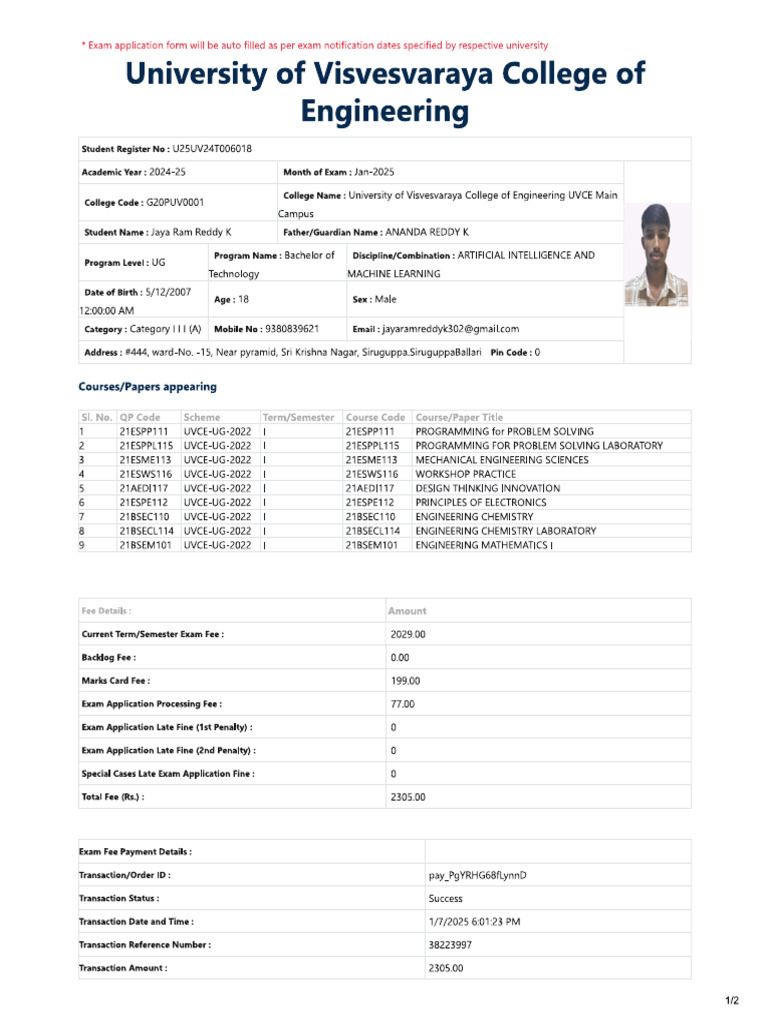 Jayaram Fees Payment | PDF