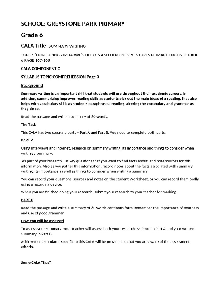Grade 6 Summary Writing Guide | PDF