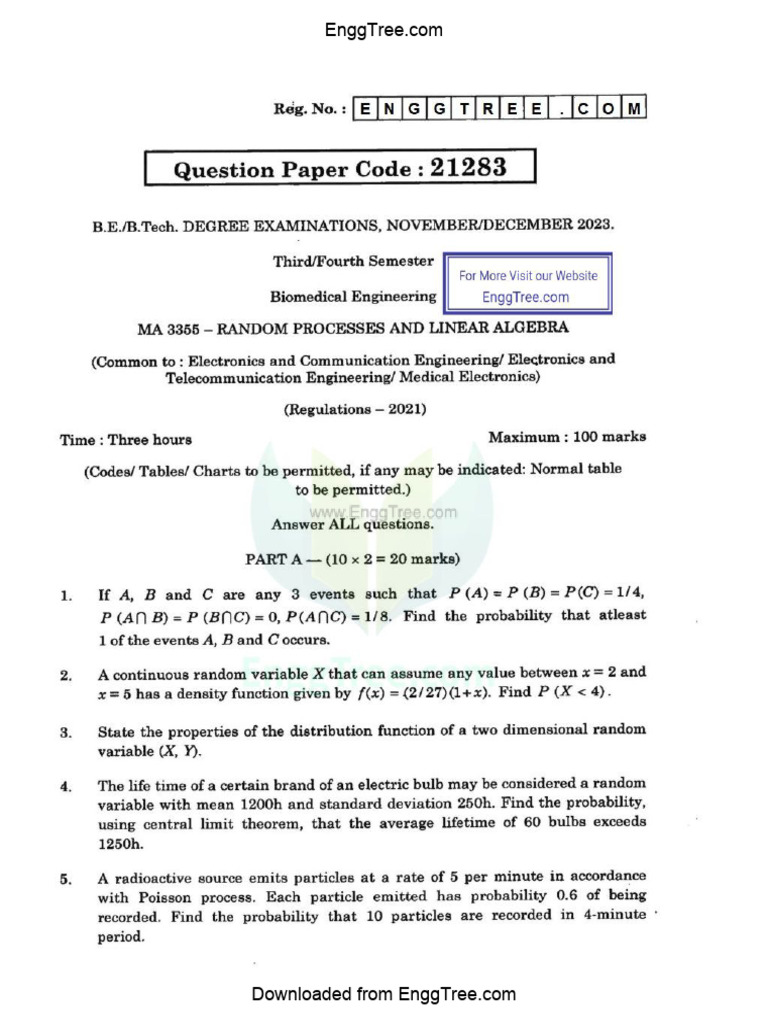 MA3355 Random Processes and Linear Algebra Nov Dec 2023 Question Paper Download | PDF