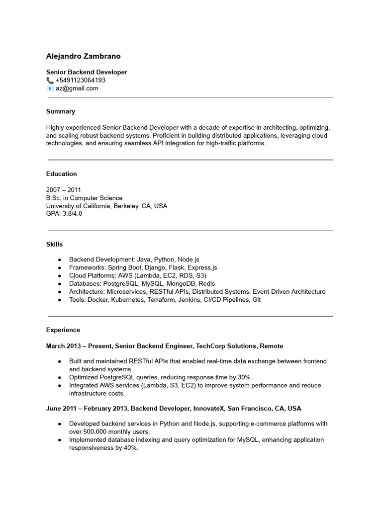 Senior Backend Developer Profile | PDF