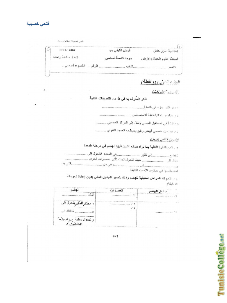 Devoir de Synthèse N°1 - SVT - 9ème (2008-2009) MR Fathi KHsiba | PDF